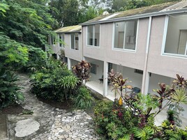 Um edifício com um caminho de pedra que leva a um portão, cercado por vegetação exuberante e diversas plantas.