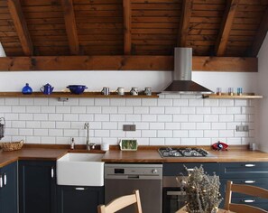 Um frigorífico/congelador grande, um forno, uma placa de cozinha 