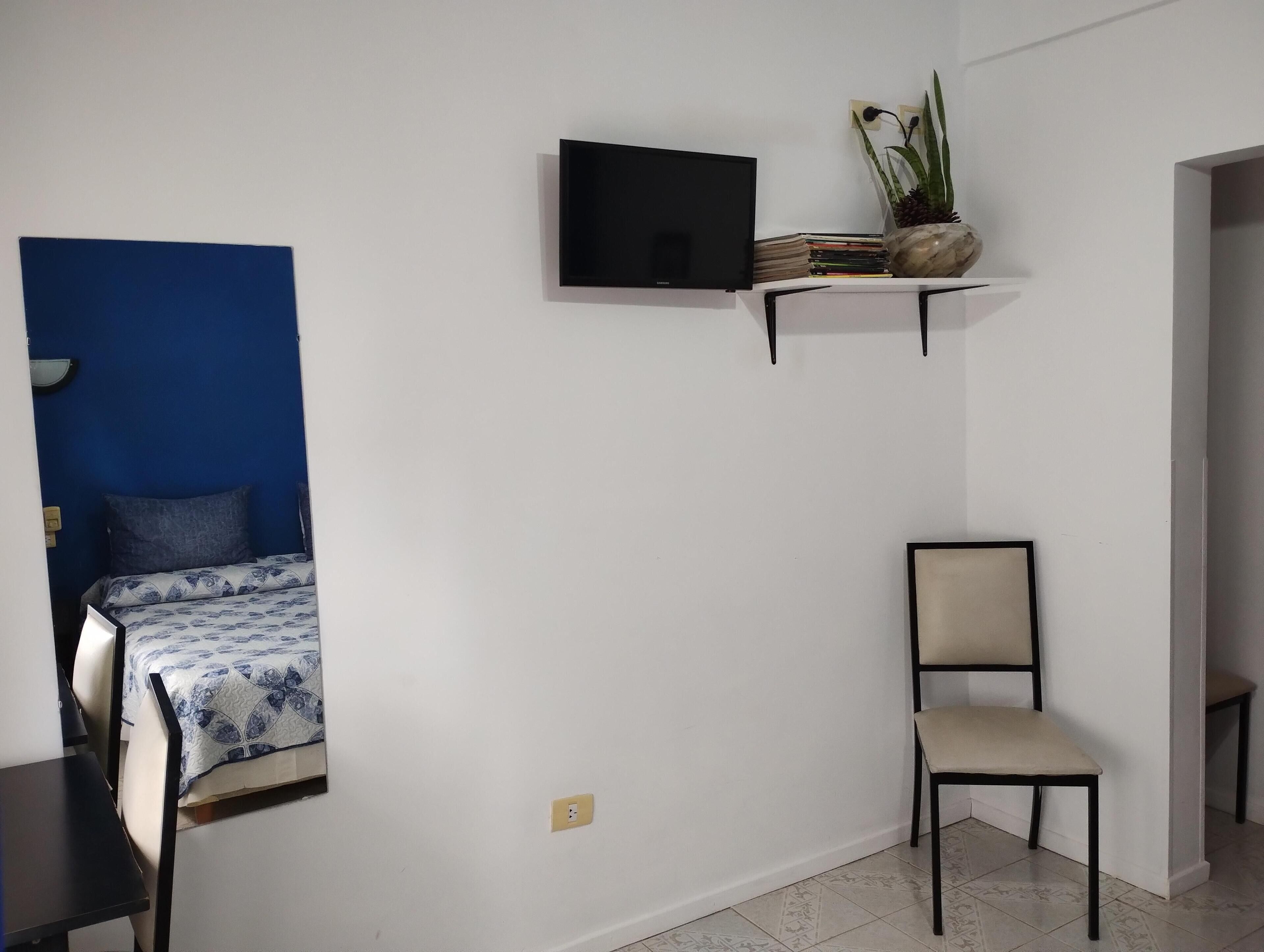 Quarto com cama, uma cadeira, televisão fixada na parede e estante com livros e uma planta.