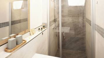 Chuveiro, produtos de toalete grátis, secador de cabelo, chinelos