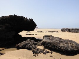 Perto da praia, espreguiçadeiras, guarda-sóis de praia 