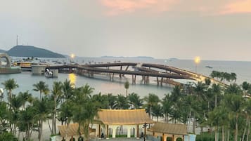 Vista costeira com uma ponte, palmeiras e um edifício com a inscrição 'Aoi Theater'.