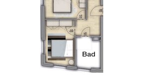 Planta baixa de um quarto de hotel com cama, um espaço de estar pequeno, banheiro e cozinha compacta.
