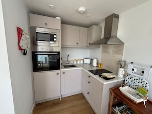 Um frigorífico, um micro-ondas, um forno, uma placa de cozinha