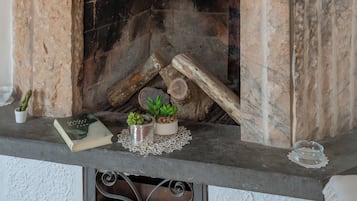 Lareira com manto de pedra, um livro, uma pequena planta e um objeto decorativo no parapeito.