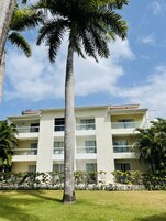 Um hotel com vários andares e varandas, com uma palmeira em primeiro plano e um céu limpo.