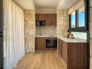 Minifrigorífico, um micro-ondas, um forno, uma placa de cozinha 