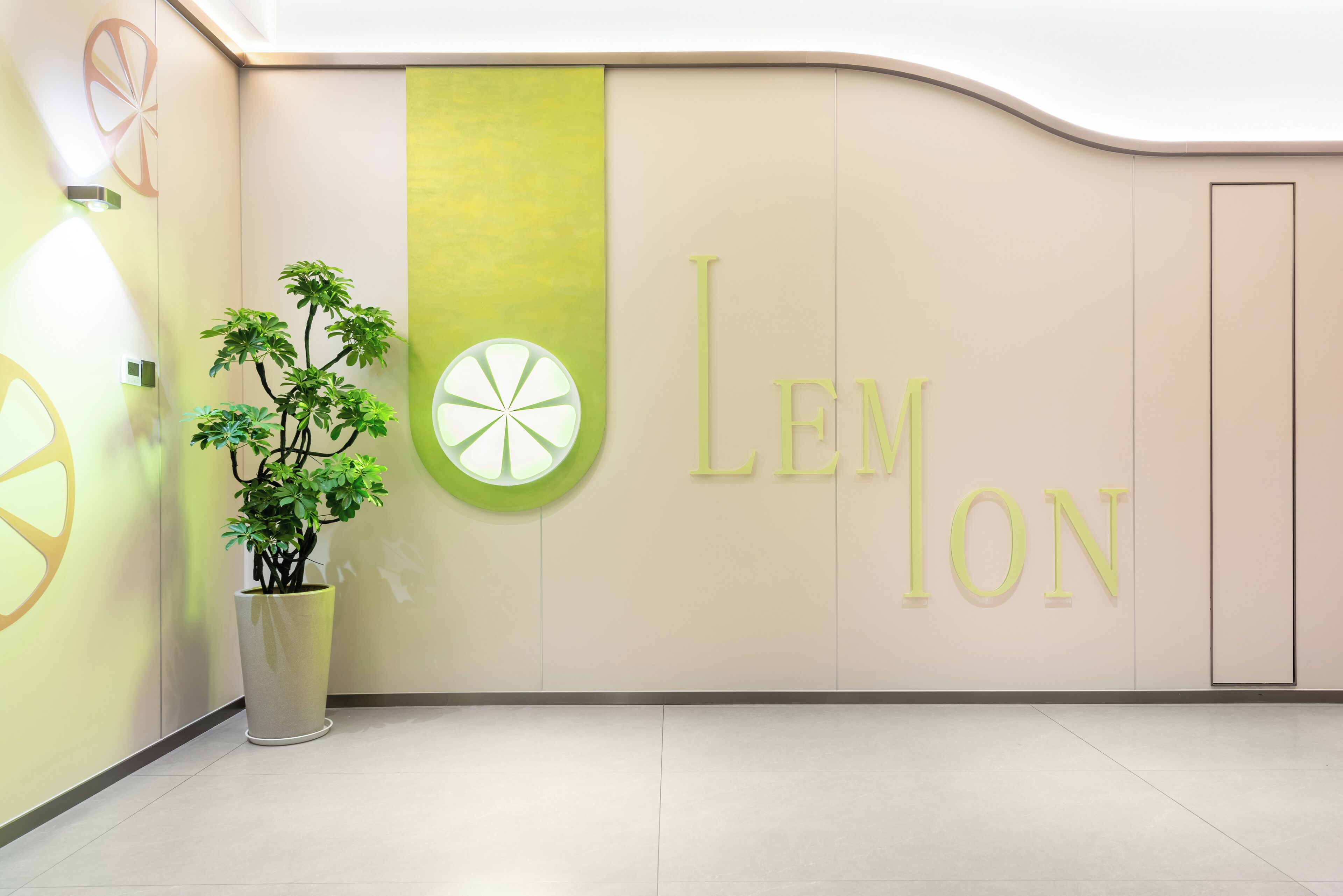 Uma área de recepção com uma planta em vaso, luminária fixada na parede e uma placa grande com a palavra "LEMON".