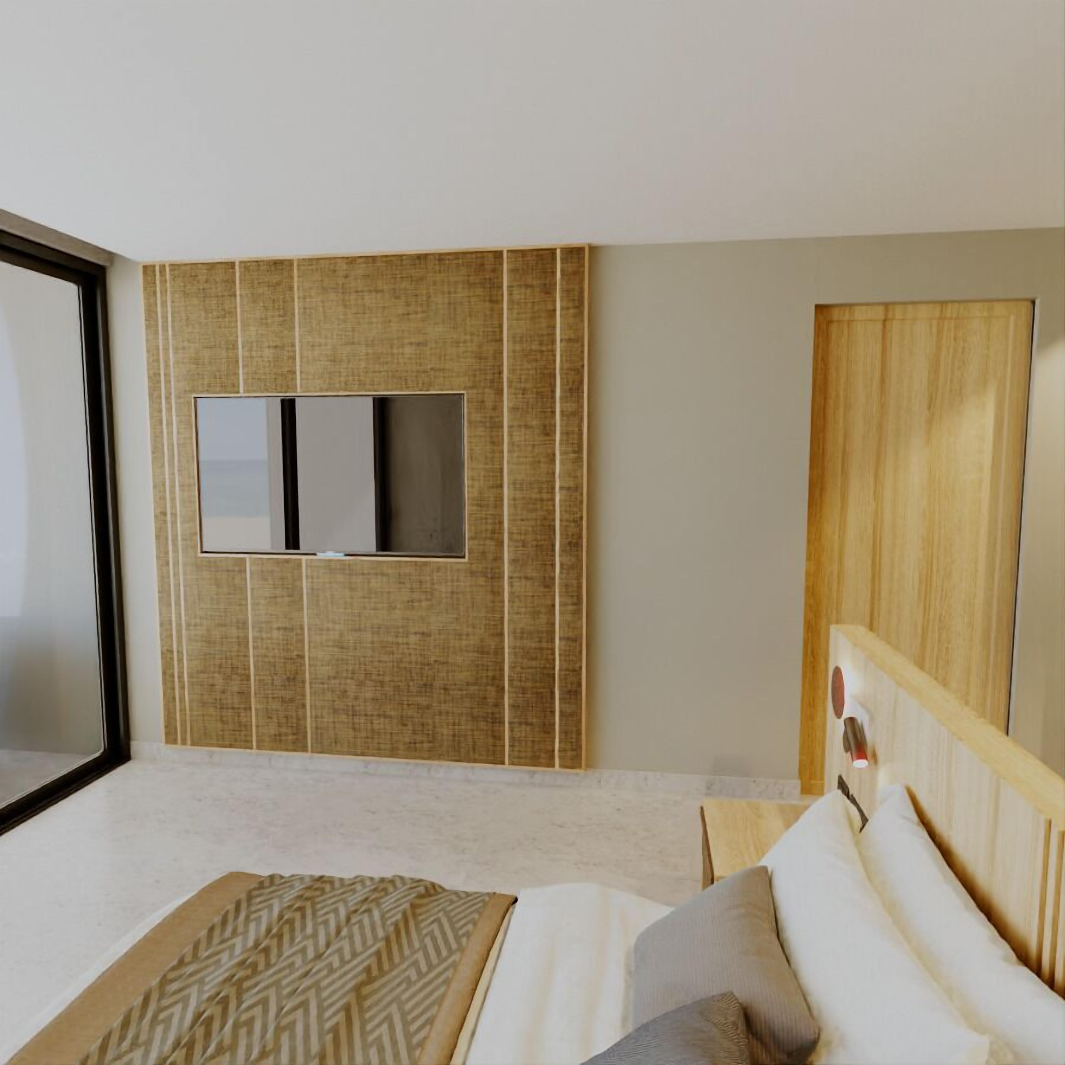 Um quarto com uma cama, um espelho grande e um guarda-roupa.