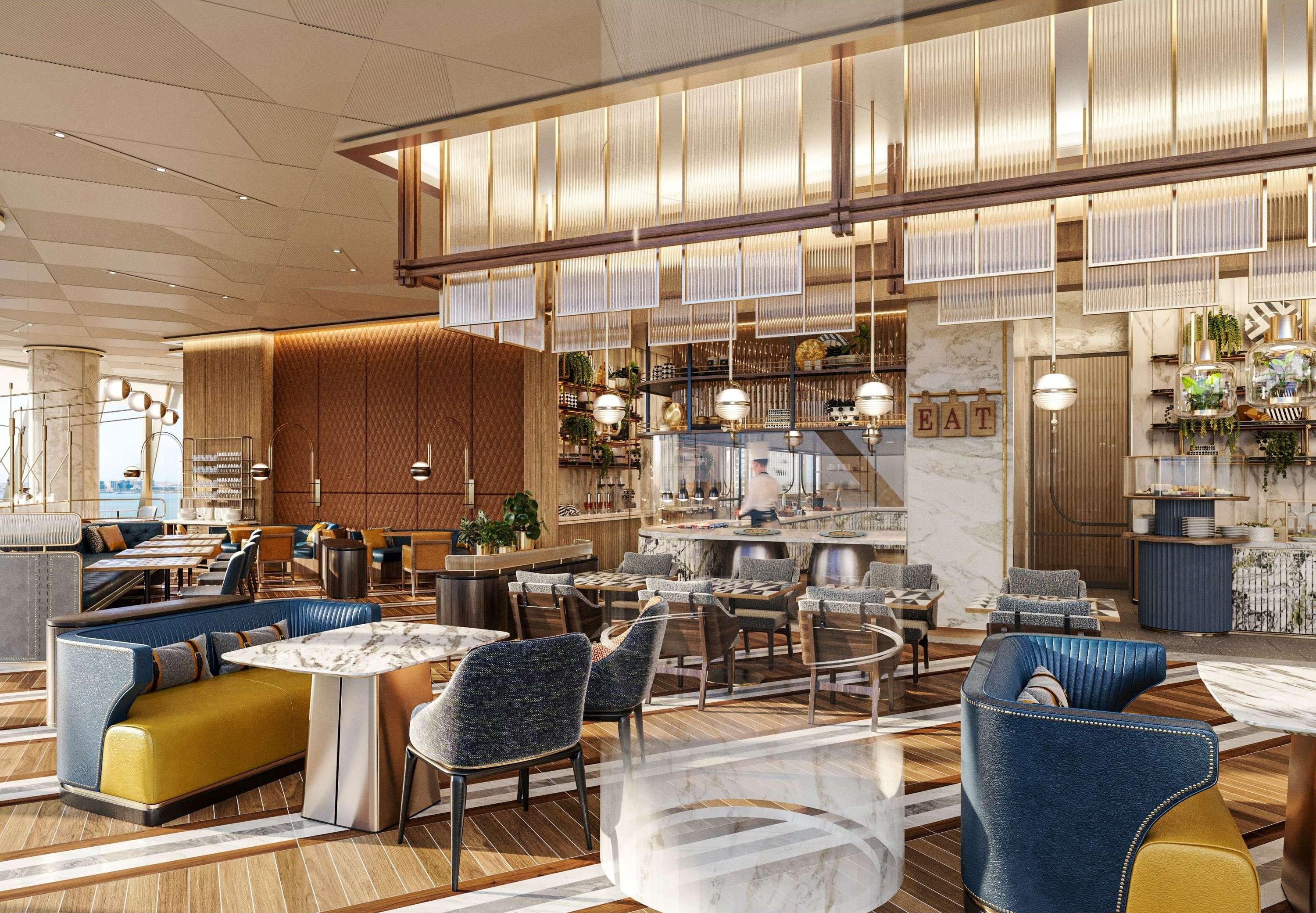 Um lobby de hotel moderno com áreas de estar, bar e balcão de recepção.