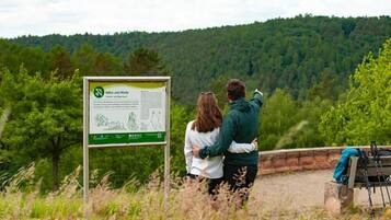 Um casal parado perto de um painel de sinalização, com uma paisagem natural ao fundo.