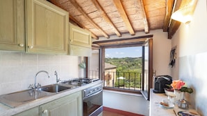 Uma cozinha com fogão a gás, pia e forno, uma janela com vista para o verde, e uma varanda com guarda-corrimão.
