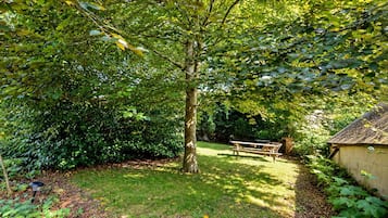 Um jardim com um banco, uma árvore e um edifício.