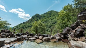 Uma nascente termal natural cercada por grandes rochas e árvores, com vista clara para uma montanha ao fundo.