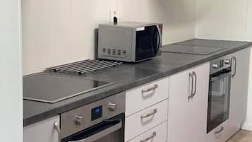 Um frigorífico/congelador grande, um micro-ondas, um forno