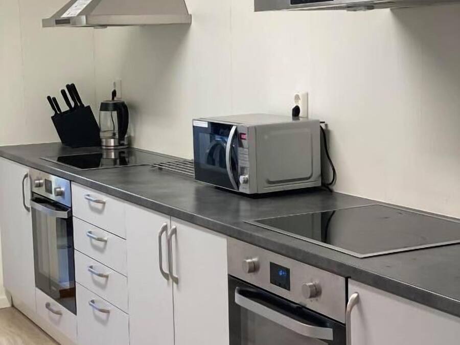 Um frigorífico/congelador grande, um micro-ondas, um forno
