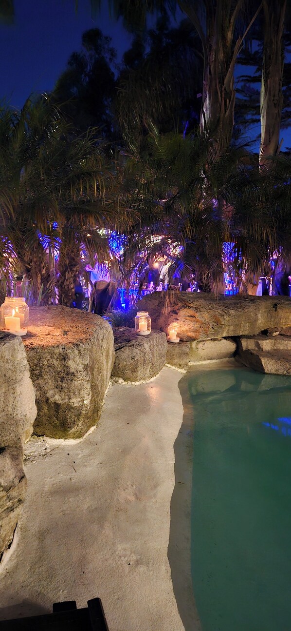 Piscina externa, guarda-sóis, espreguiçadeiras