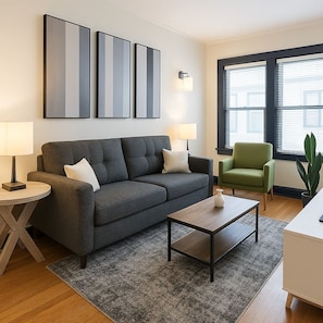 Apartamento Comfort, 1 cama king-size | Sala de estar | Televisor de 55 polegadas com canais digitais, serviços de streaming