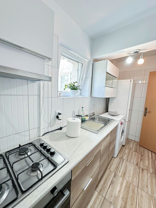 Apartamento Comfort, cozinha, vista para o pĂĄtio | Cozinha privada | Um frigorĂfico/congelador grande, uma cafeteira/bule