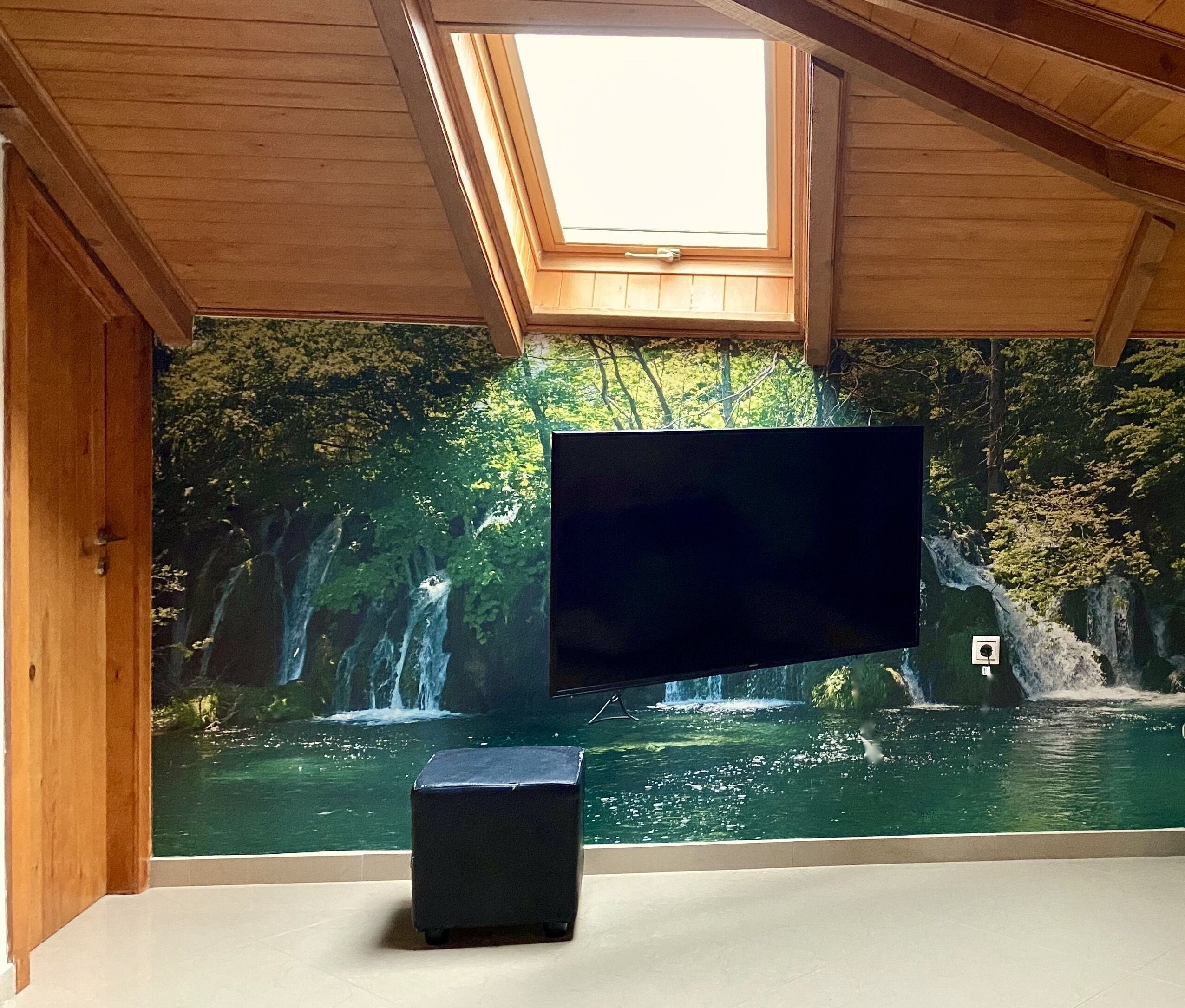 Quarto com uma grande tela de televisão, um pequeno alto-falante preto e um mural de uma cachoeira.
