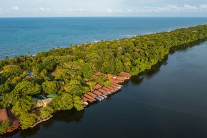 Vista aérea de um resort costeiro com uma fileira de edifícios à beira-mar, rodeado por vegetação densa.
