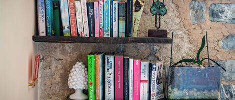 Duas estantes de madeira cheias de livros em frente a uma parede texturizada.