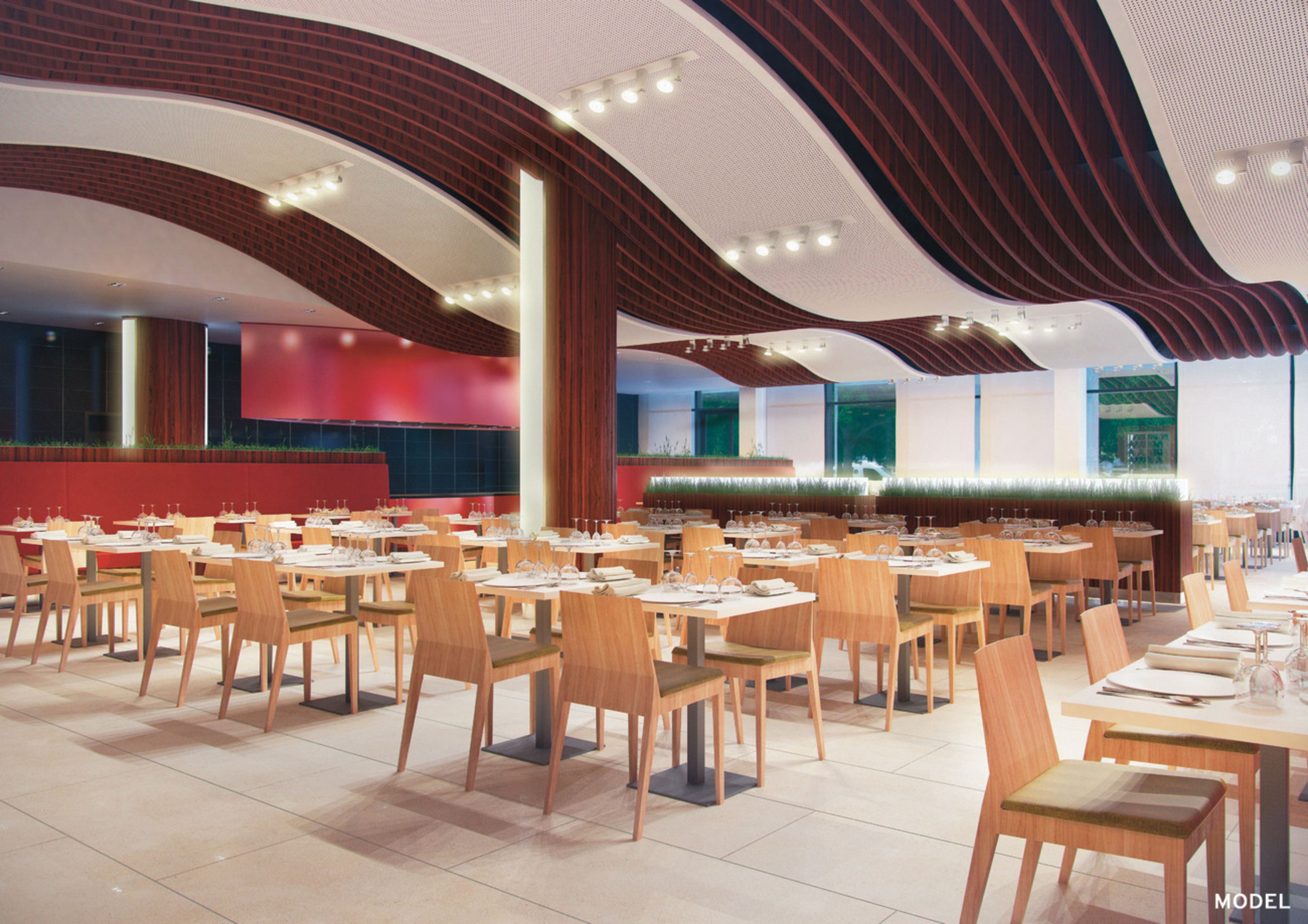 Um restaurante espaçoso com várias mesas e cadeiras, apresentando um design de teto moderno e grandes janelas.