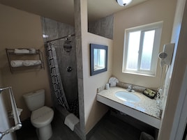 Quarto Deluxe | Casa de banho | Um polibã, artigos de higiene pessoal grátis, um secador de cabelo