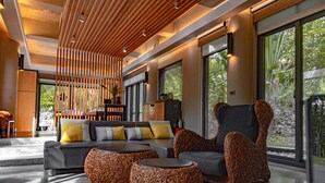 Uma sala de estar moderna com um sofá, dois pufes redondos de vime, uma poltrona estampada e teto de madeira.