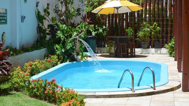 Piscina com um elemento aquático, cercada por plantas em vasos e um cercado de madeira.