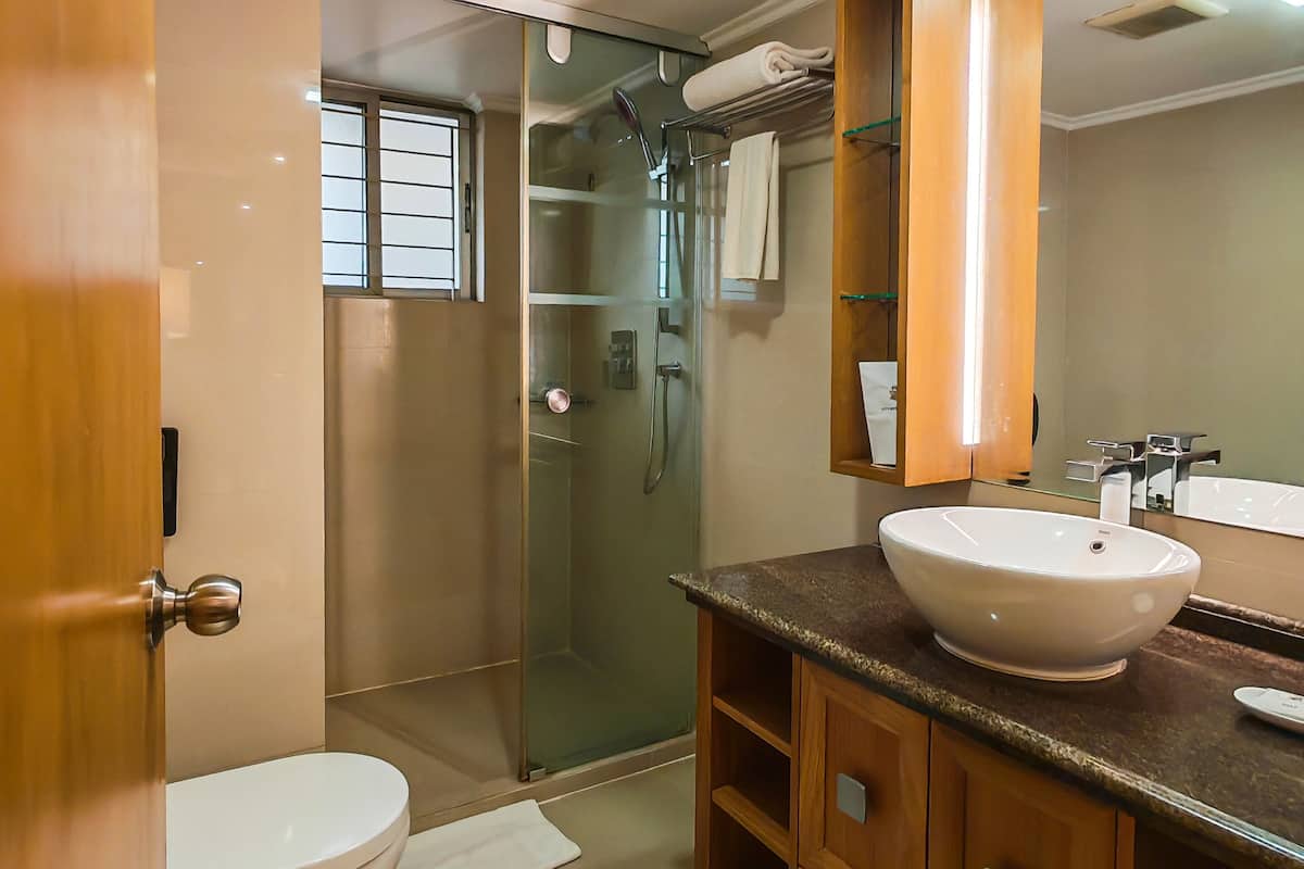 Casa de banho com sanita, cabine de duche envidraçada, toucador com lavatório e espelho.