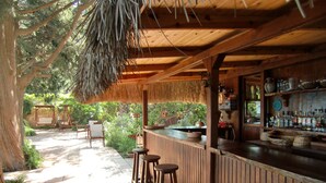 Uma área de bar ao ar livre com banquetas de madeira, um telhado de palha e diversos frascos nas prateleiras.