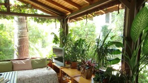 Quarto aconchegante com teto de madeira, um sofá com toalha de mesa florida, uma TV sobre suporte de madeira e diversos vasos com plantas.
