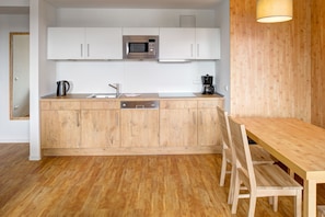Apartamento Superior, 2 quartos | Cozinha privada | Um frigorífico/congelador grande, um micro-ondas, uma placa de cozinha 