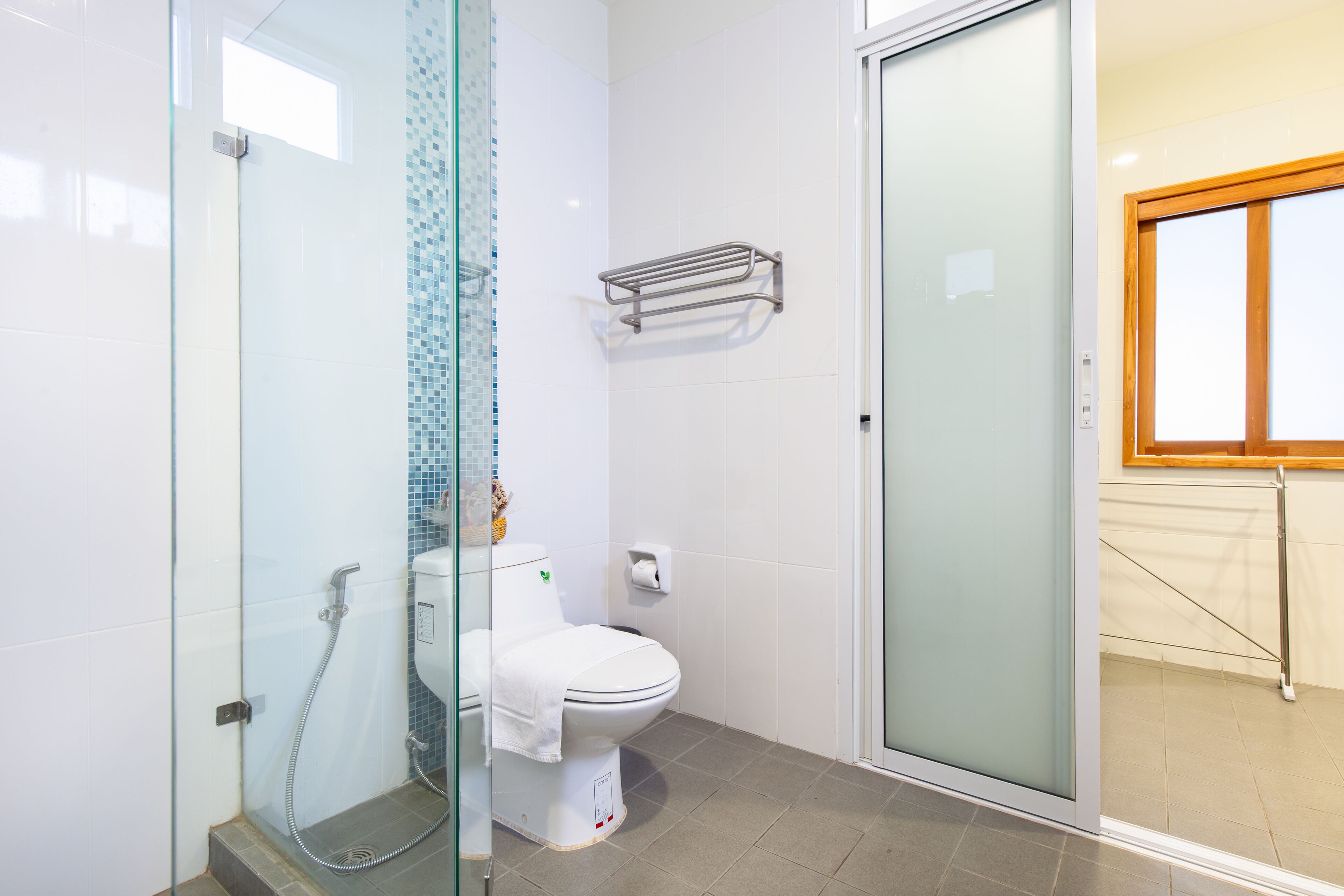 Uma casa de banho moderna com cabine de duche em vidro, sanita e porta em vidro para acesso a outro espaço.