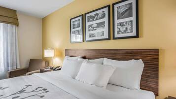 Quarto de hotel com uma cama, mesa de cabeceira, abajur, cadeira e três quadros na parede.