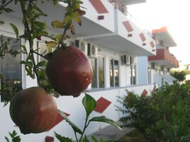 Um edifício com fachada branca e detalhes vermelhos, com grandes janelas e um telhado plano.
