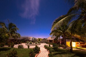 Vista noturna de um resort com edifícios de telhado de palha, palmeiras e um céu estrelado.