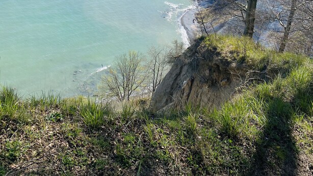 Paisagem costeira com falésias, uma praia e céu claro.