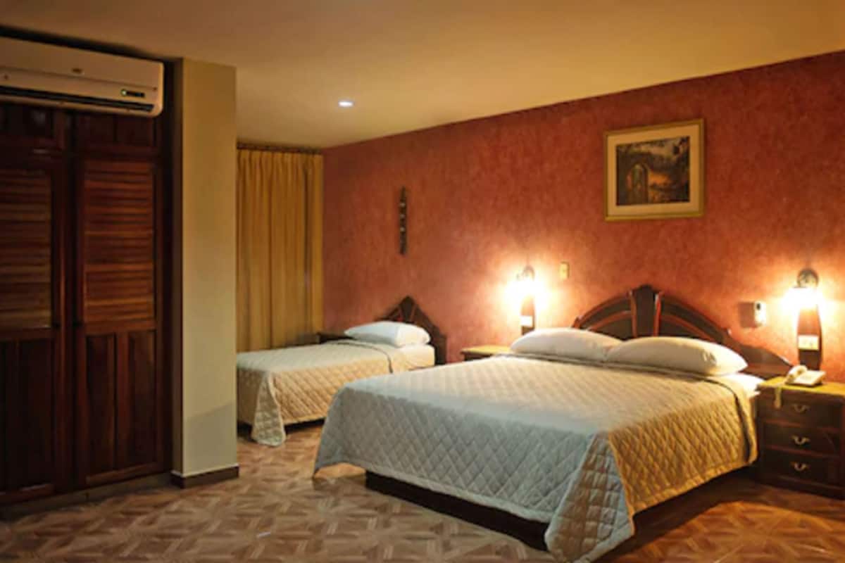 Quarto de hotel com duas camas, um guarda-roupa de madeira, um quadro na parede e um chão estampado.