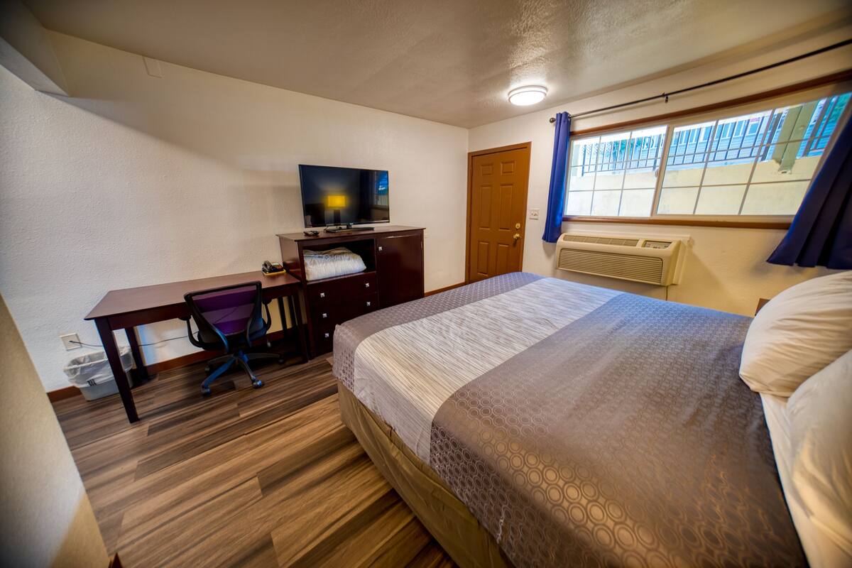 Quarto com cama, escrivaninha, cadeira, televisão, janela com cortinas e porta.