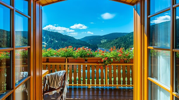 Uma varanda com guarda-corpo de madeira, uma cadeira e uma mesa.