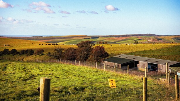 Paisagem rural com colinas onduladas, um campo cercado e um pequeno edifício com telhado inclinado.