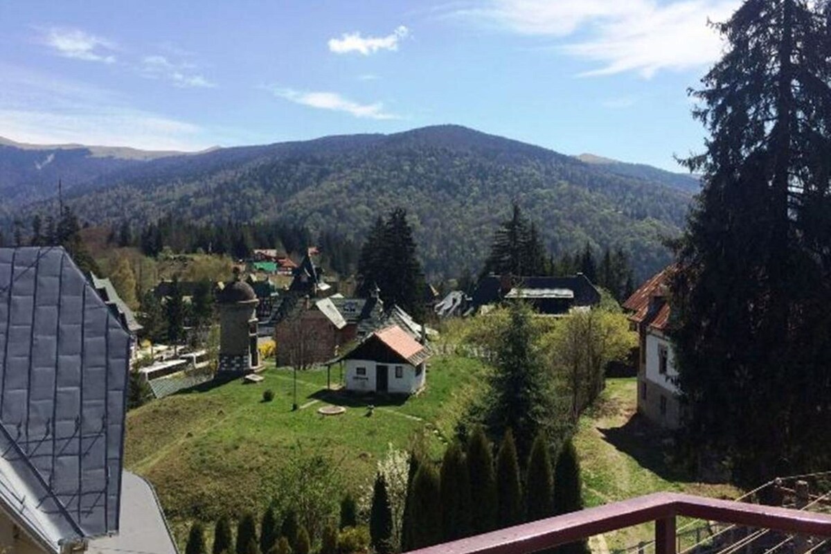 Bairro residencial com casas, gramado verde e montanhas ao fundo.