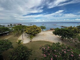 Vista costeira com praia arenosa, palmeiras e céu claro.