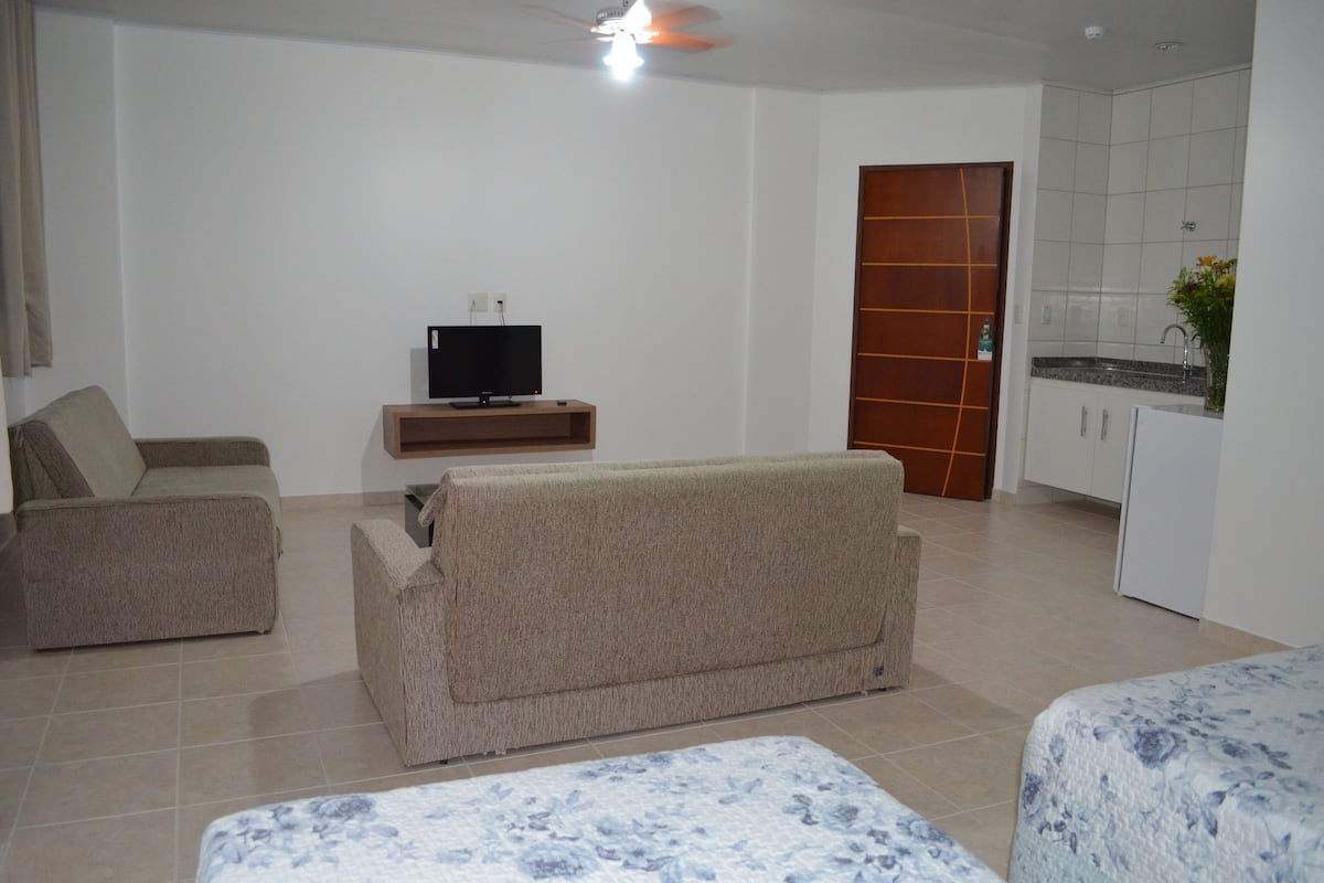 Uma sala de estar com sofá, televisão e área de cozinha com armários e pia.