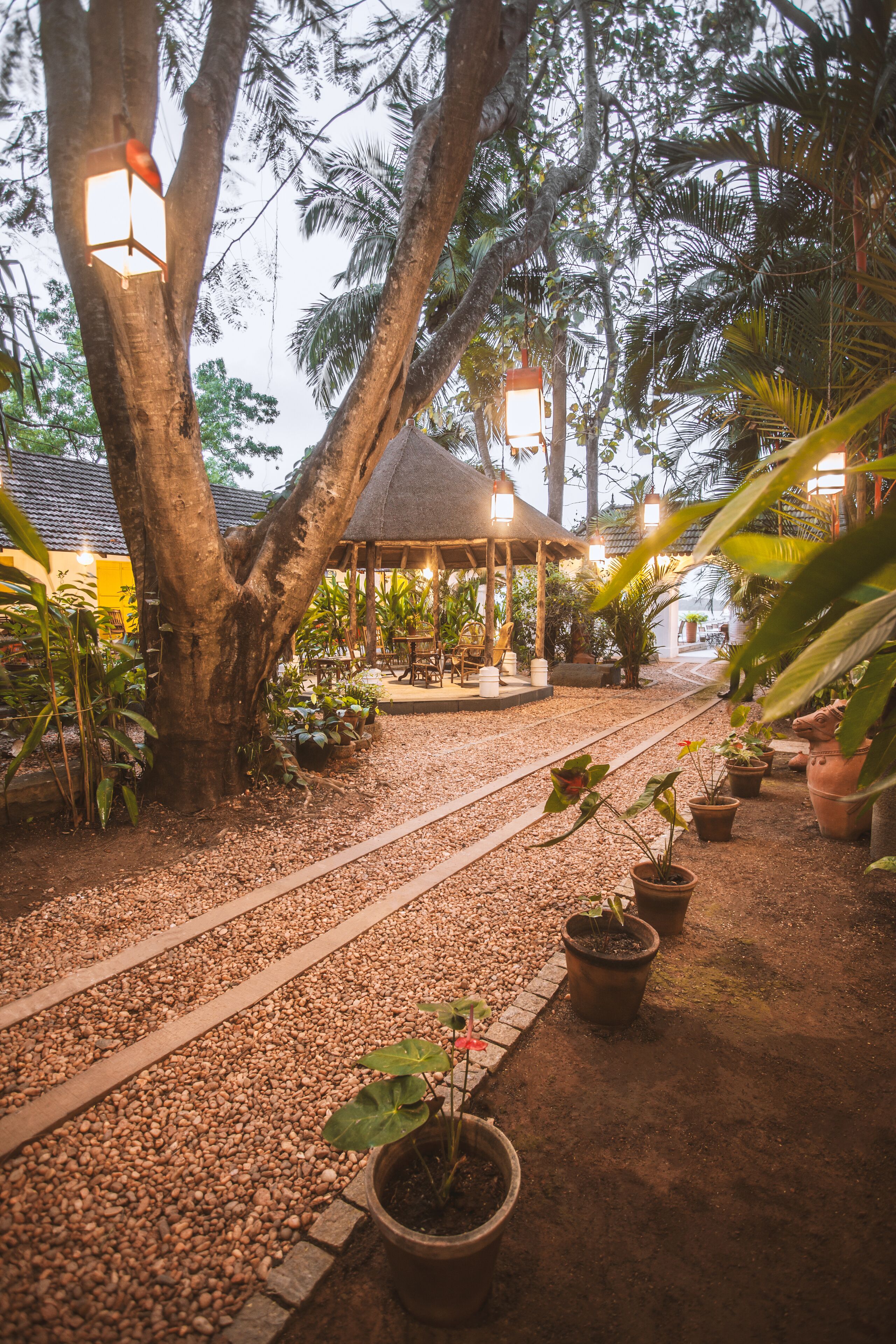 Uma trilha com um gazebo de colmo, rodeado por plantas em vasos e uma área de cascalho.