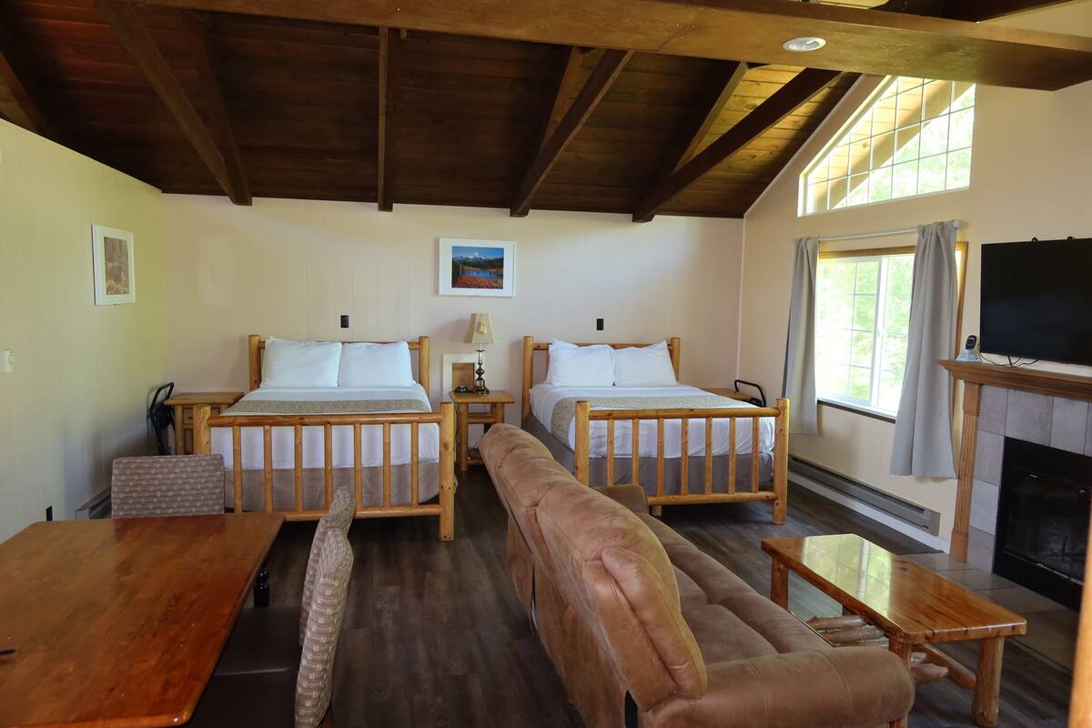 Um quarto com duas camas de madeira, um sofá, uma mesa, uma lareira e uma televisão.