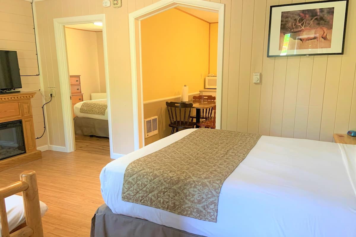 Quarto de hotel com cama, televisão, lareira, área de refeições e um quadro na parede.