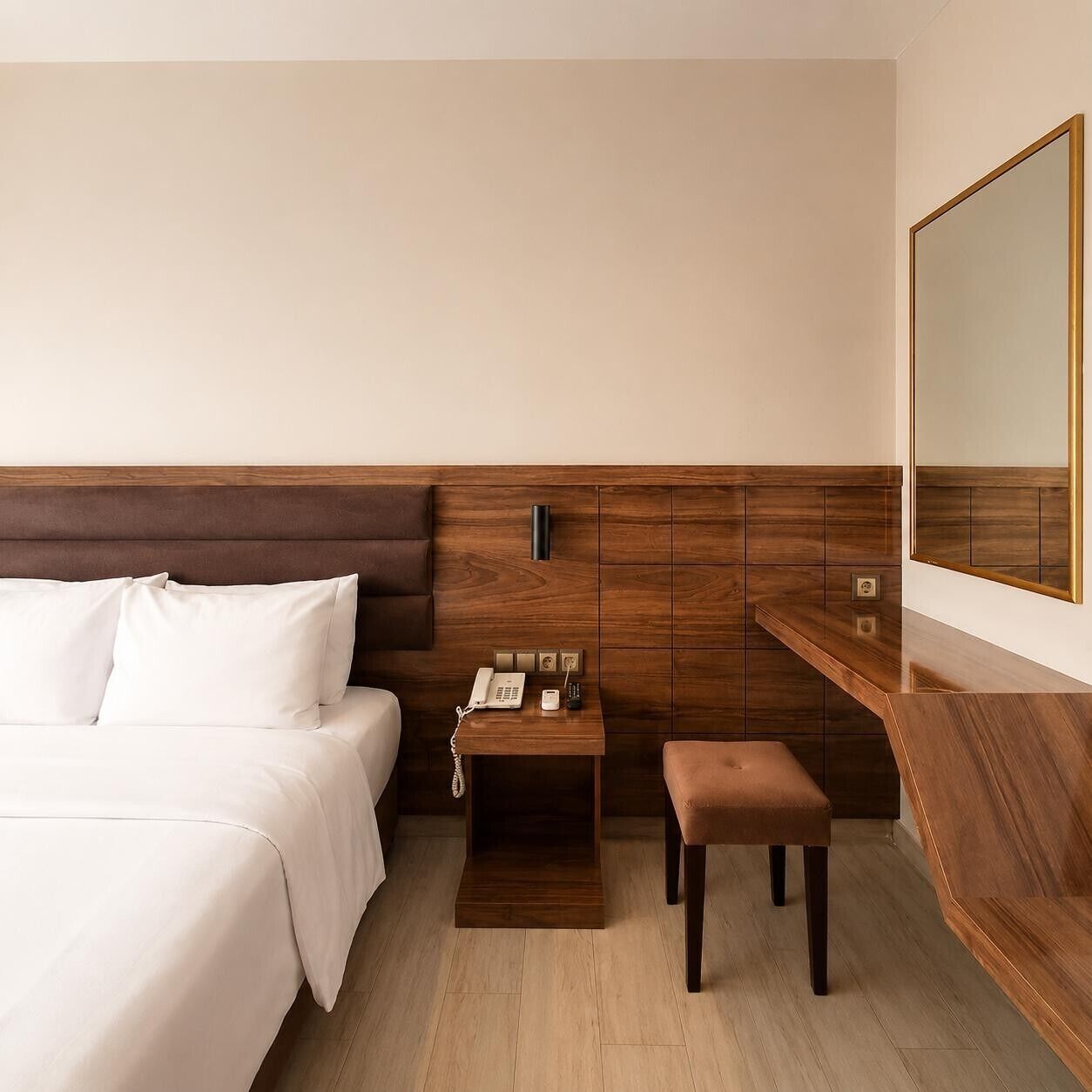 Quarto de hotel com uma cama, mesa de cabeceira com telefone, pequena mesa com abajur, um banco e um espelho grande.